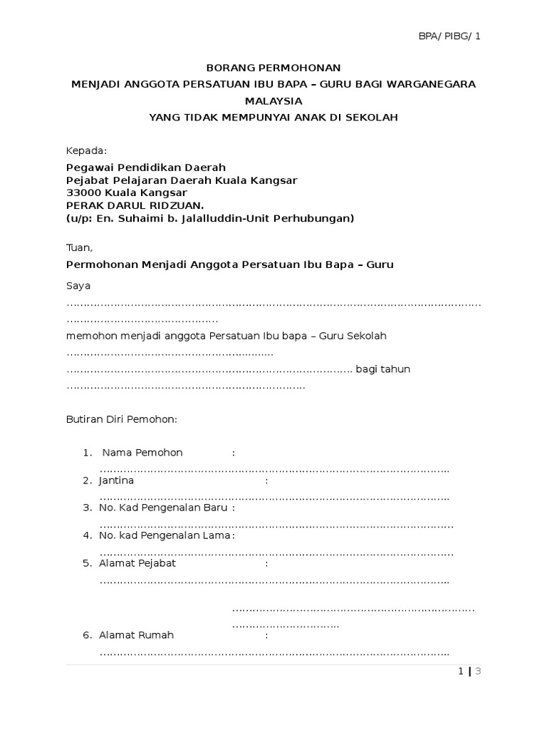 Borang Ahli Pibg Bpa Pibg | PDF