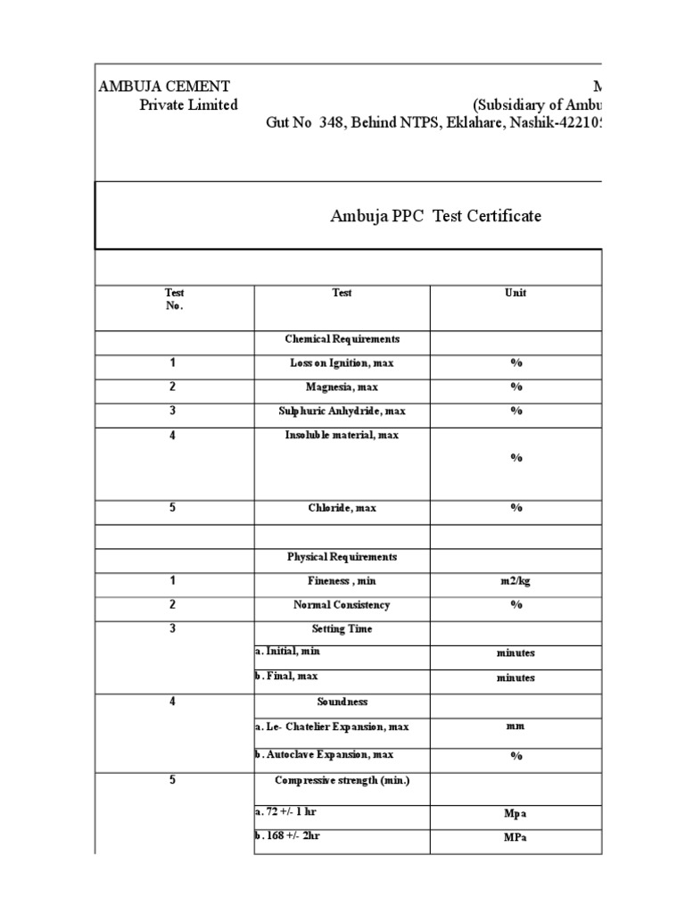 Test Certificate for Ambuja PPC Cement Detailing Chemical and Physical ...