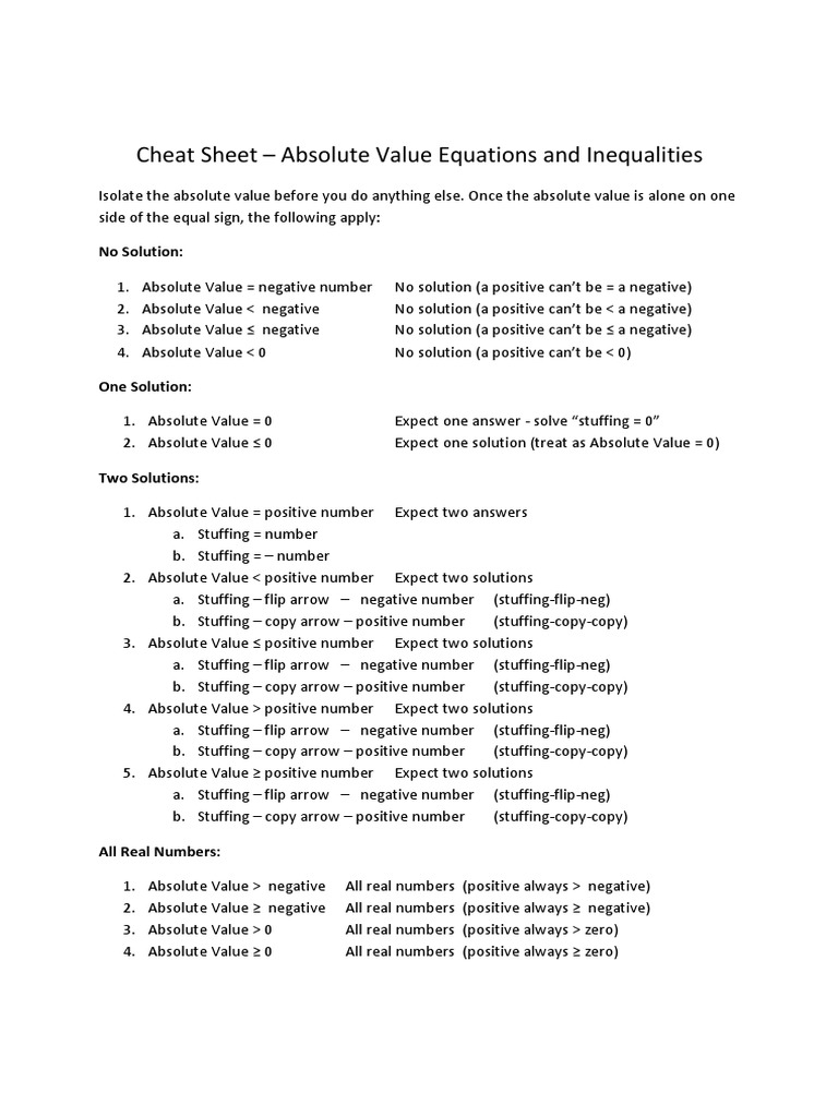 Absolute Value Cheat Sheet by Number of Solutions | PDF | Self-Improvement