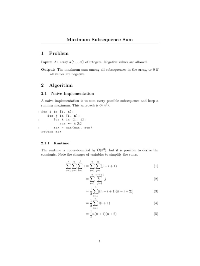Maximum Subsequence Sum: 2.1 Naive Implementation | PDF