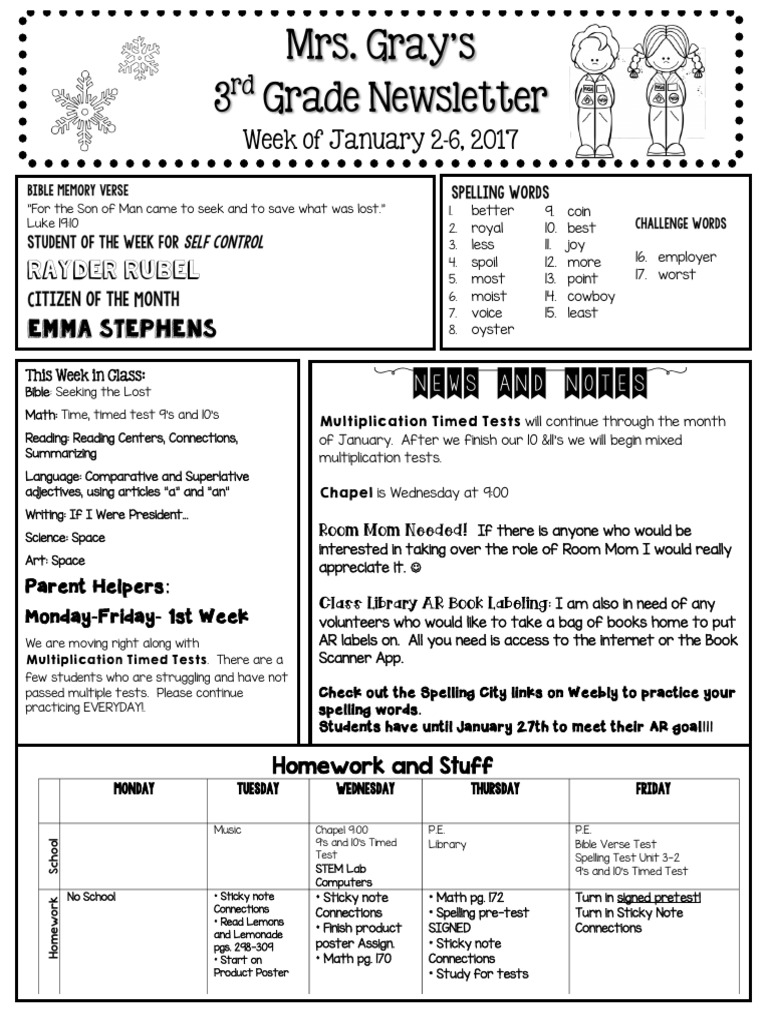 3rd Grade Newsletter: Week of Jan 2-6 | PDF