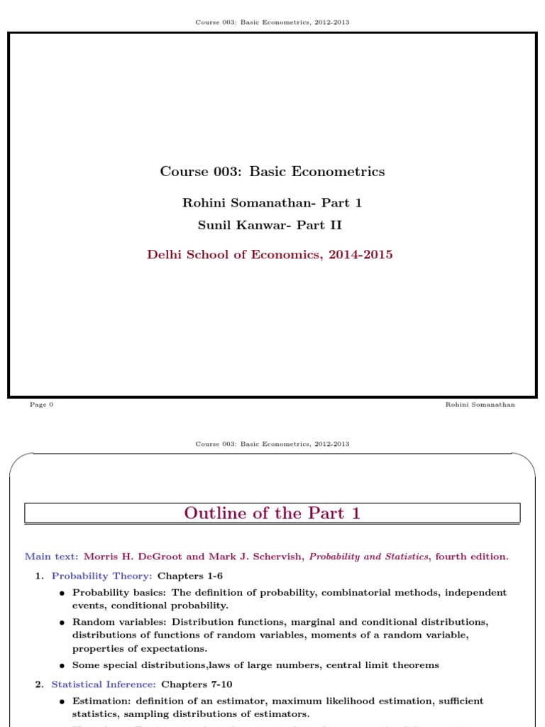 Course 003: Basic Econometrics: Rohini Somanathan-Part 1 Sunil Kanwar ...