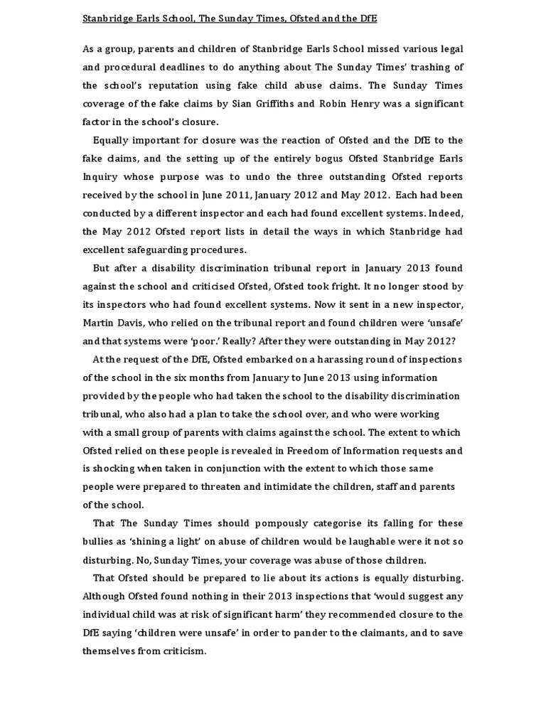 Stanbridge Earls School, The Sunday Times, Ofsted and The DfE | PDF ...