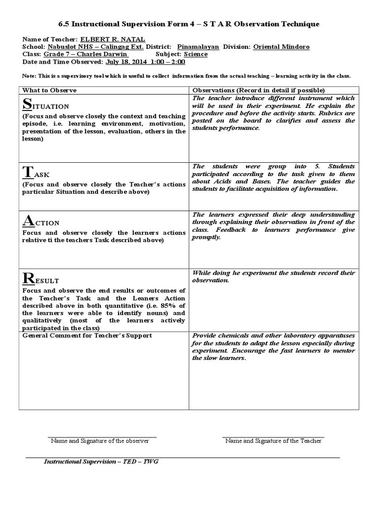 STAR Observation Sheet | PDF | Teachers | Motivation