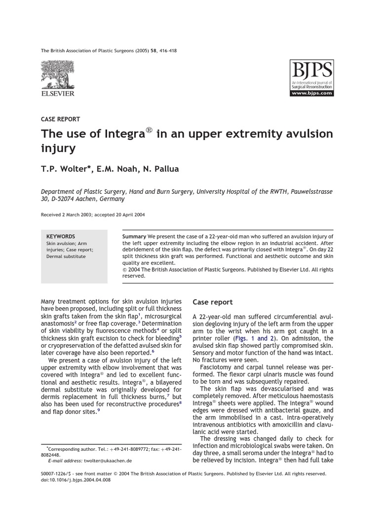The Use of Integra in An Upper Extremity Avulsion Injury - BJPS 2005 ...