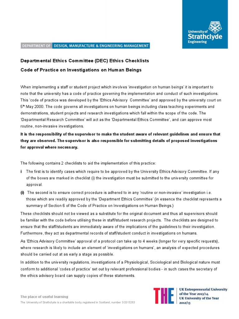 Ethics Checklists for Human Investigations | PDF | Institutional Review ...