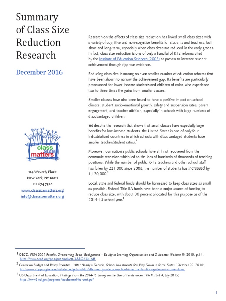 Summary of US Class Size Reduction Research | PDF | Achievement Gap In ...
