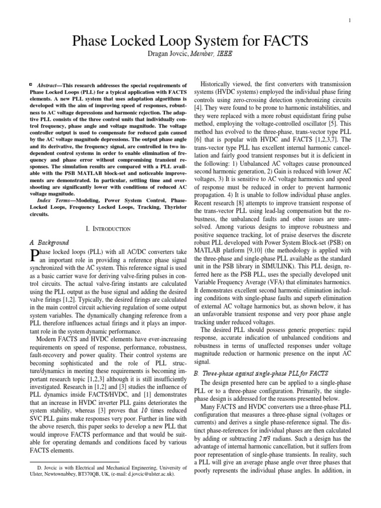 Phase Locked Loop System For FACTS: Dragan Jovcic, Member, IEEE | PDF ...