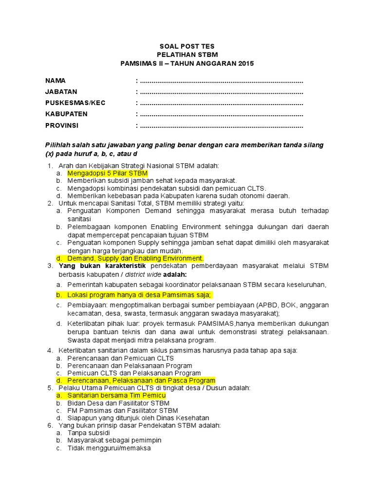Soal Post Tes Pelatihan STBM 2015 | PDF
