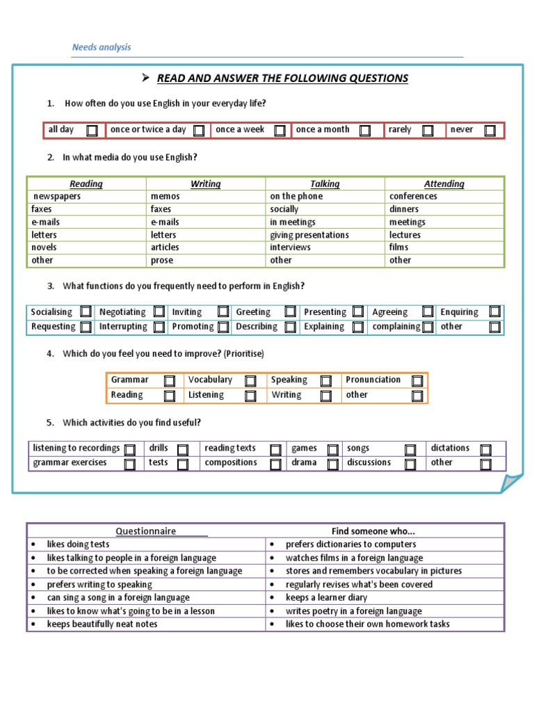 Read and Answer The Following Questions: Needs Analysis | Download Free ...