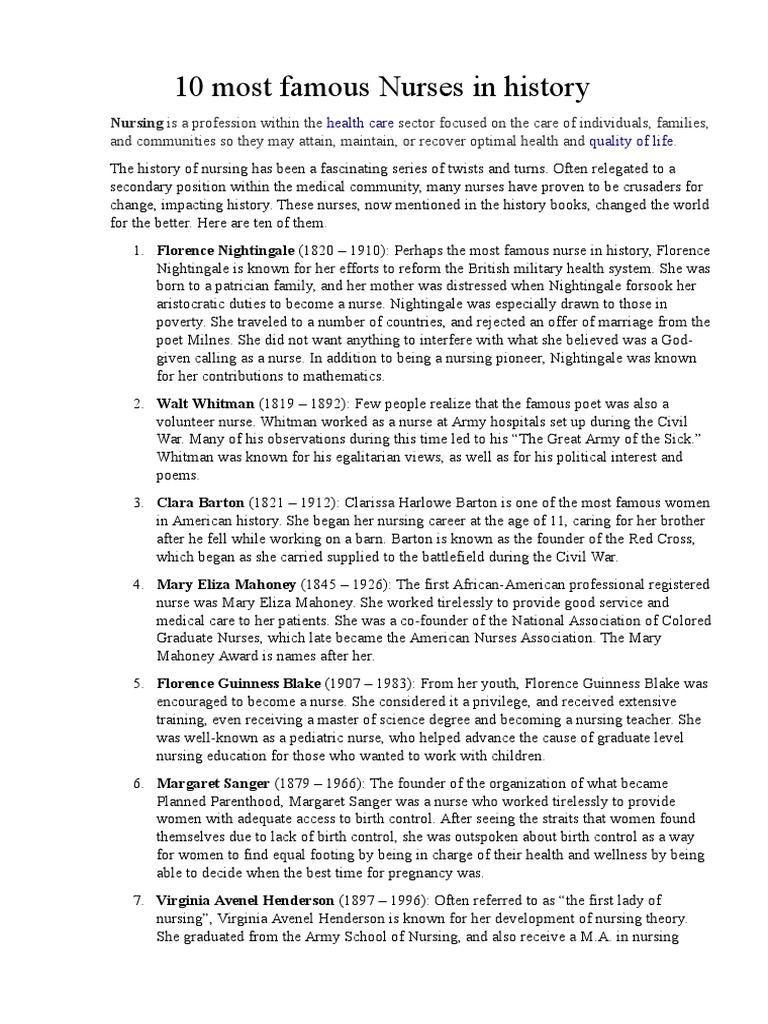 10 Most Famous Nurses in History | PDF | Florence Nightingale | Nursing