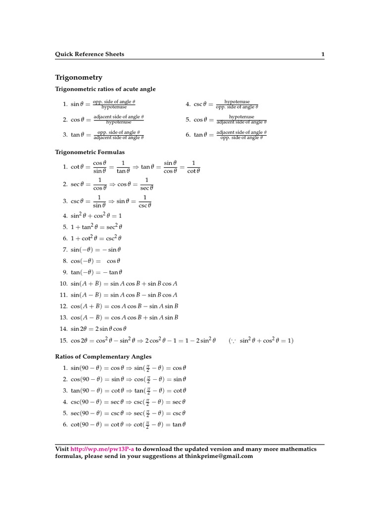 Trigonometry: Quick Reference Sheets 1 | PDF
