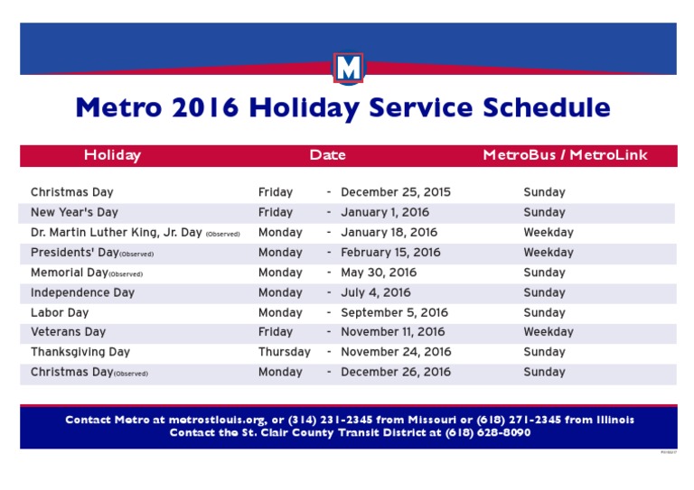 Metro 2016 Holiday Service Schedule: Holiday Date Metrobus / Metrolink ...