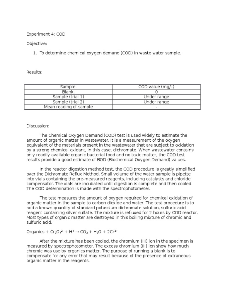 Determination of Chemical Oxygen Demand (COD) in Wastewater Using ...