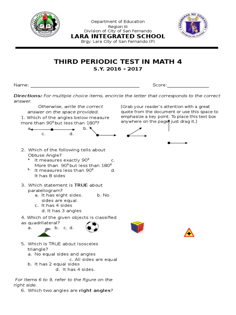 Math 4 Test Paper | PDF | Angle | Euclid