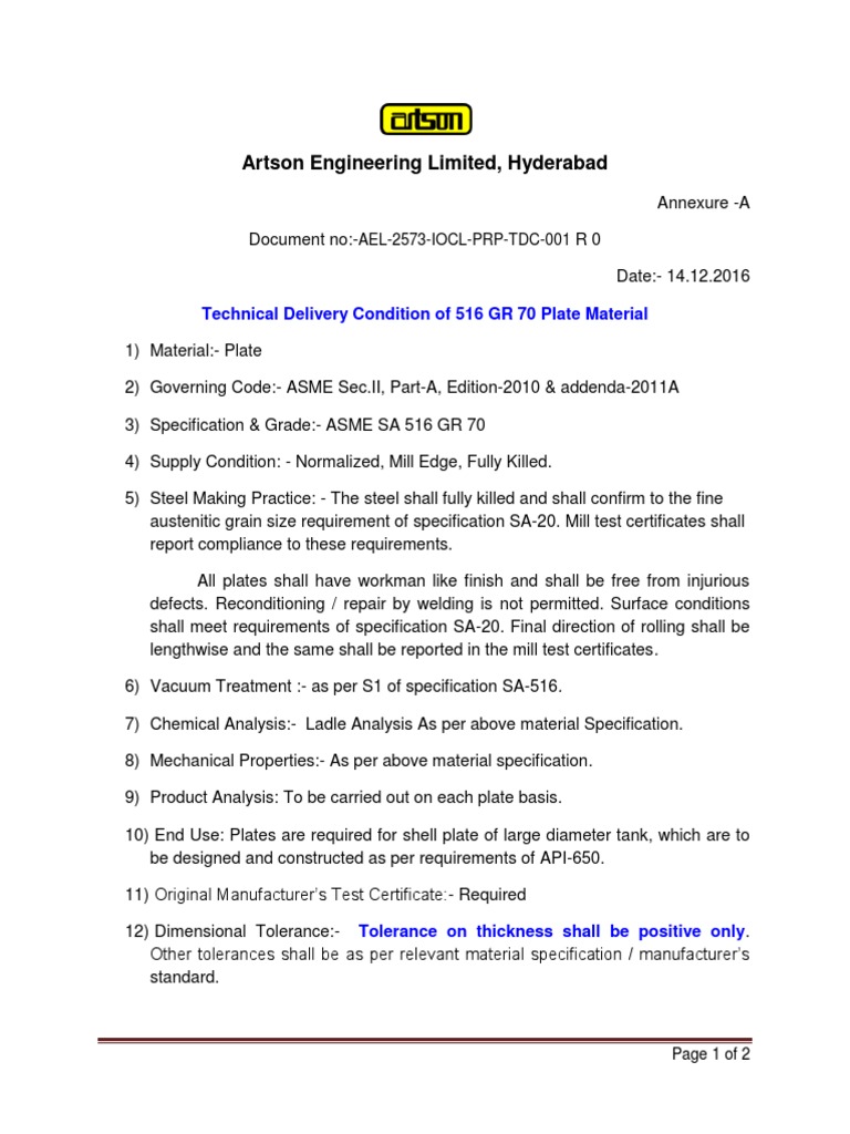 TDC 516 GR 70 | PDF | Structural Steel | Specification (Technical Standard)