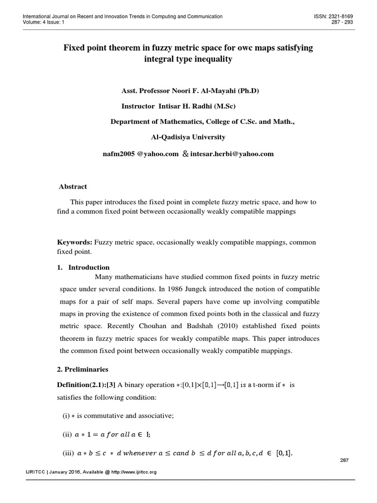 Fixed Point Theorem in Fuzzy Metric Space For Owc Maps Satisfying Integral Type Inequality | PDF ...
