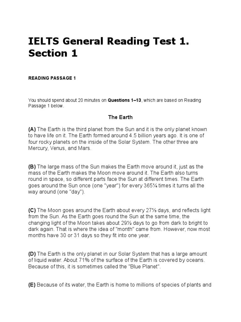 IELTS General Reading Test 1: The Earth | PDF | Earth | Sun