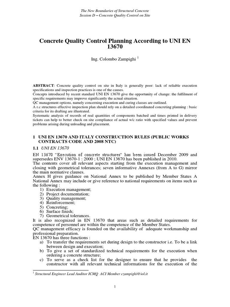 Concrete Quality Control Planning According To UNI EN 13670 | PDF ...