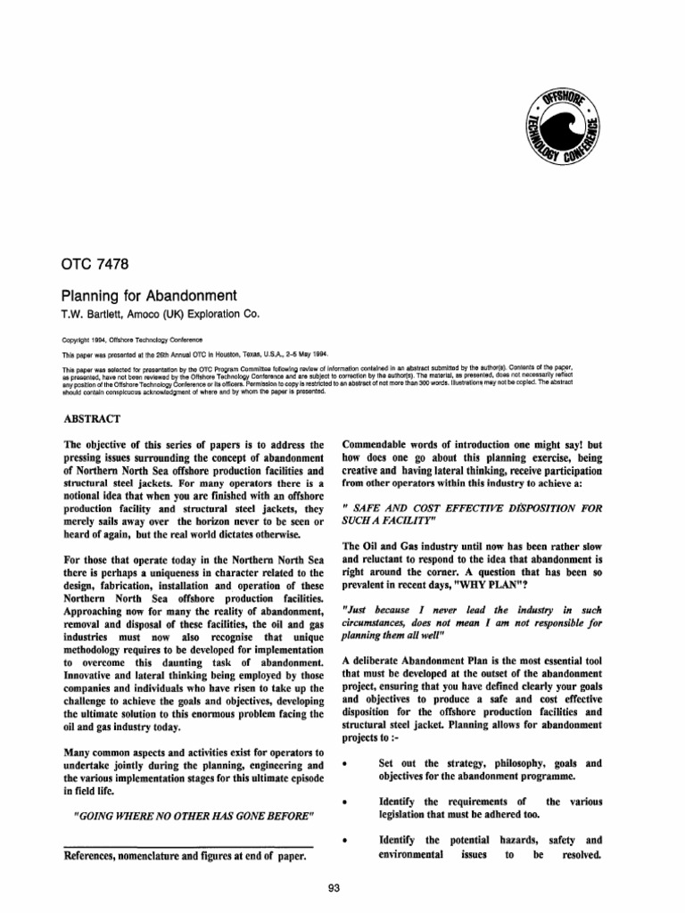 OTC 7478 Planning For Abandonment: T.W. Bartlett, Amoco (UK ...