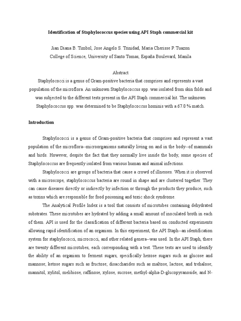 Identification of Staphylococcus Species Using API Staph Commercial Kit ...