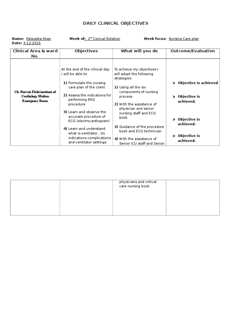 Daily Clinical Objectives: Clinical Area & Ward No. Objectives What Will You Do Outcome ...