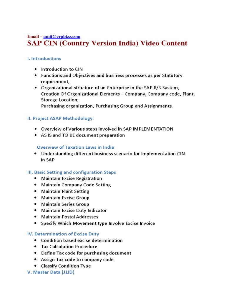 SAP CIN (Country Version India) Video Content: I. Introductions | PDF