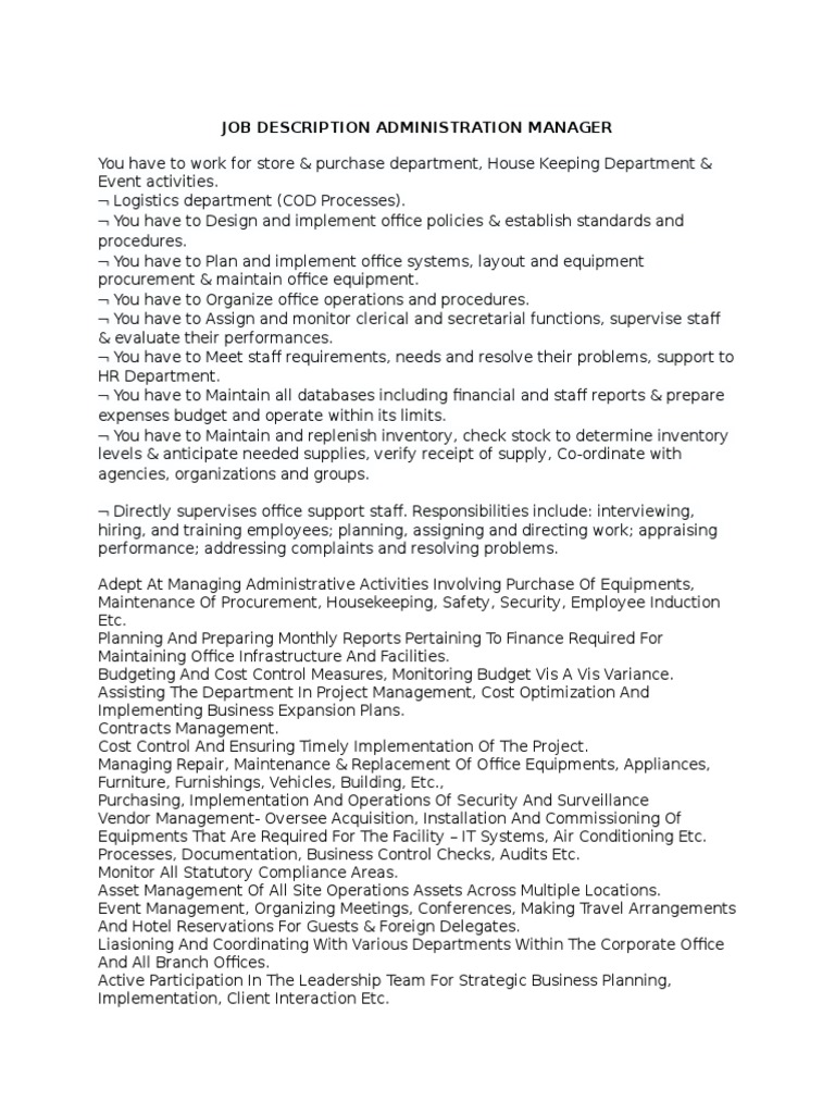 Administration Manager Job Description | PDF | Employment | Human ...