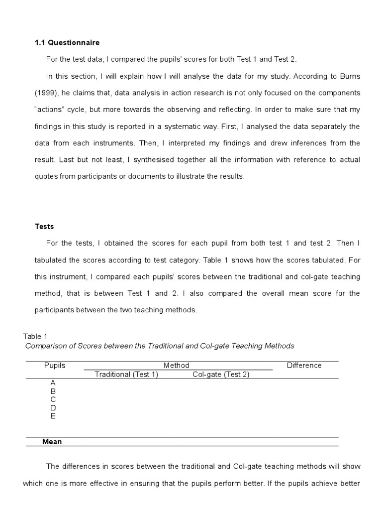 1.1 Questionnaire: Comparison of Scores Between The Traditional and Col ...