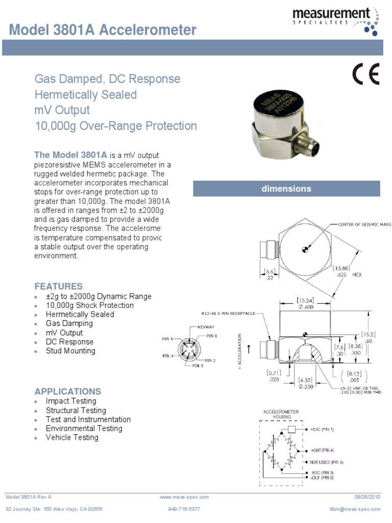 (Measurement Specialties) Model 3801A (En Datasheet) | PDF | Accelerometer | Calibration