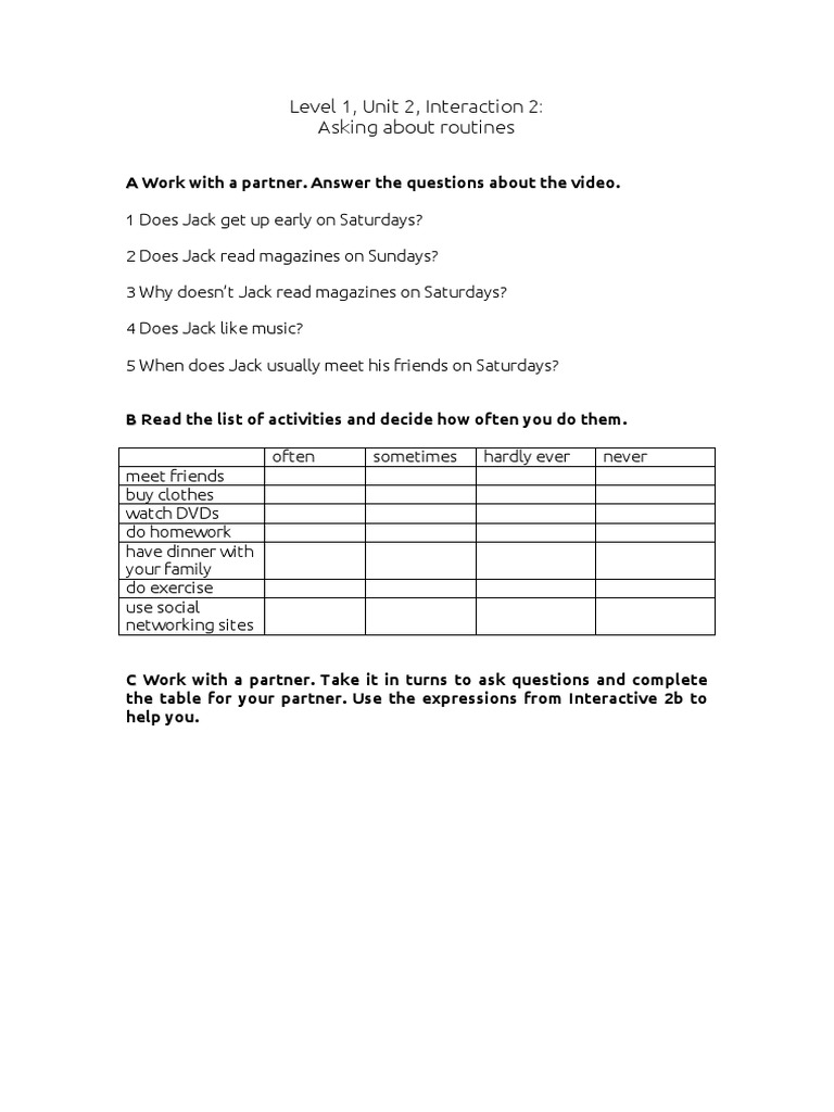Level 1, Unit 2, Interaction 2: Asking About Routines | PDF | Self ...