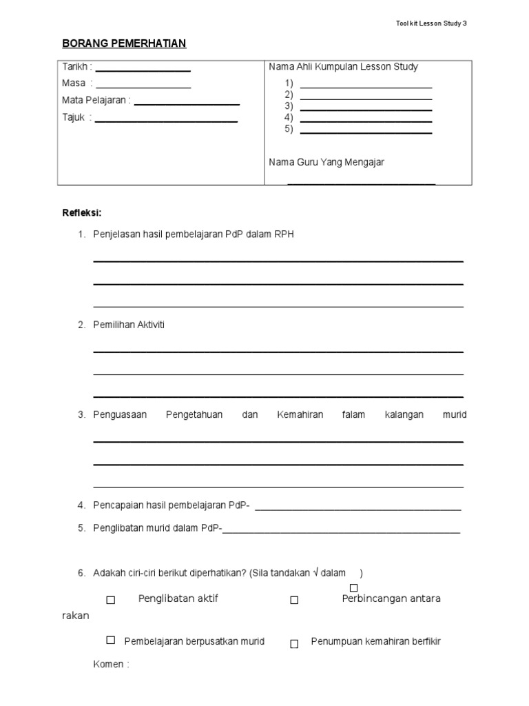 Lesson Study Borang Pemerhatian | PDF