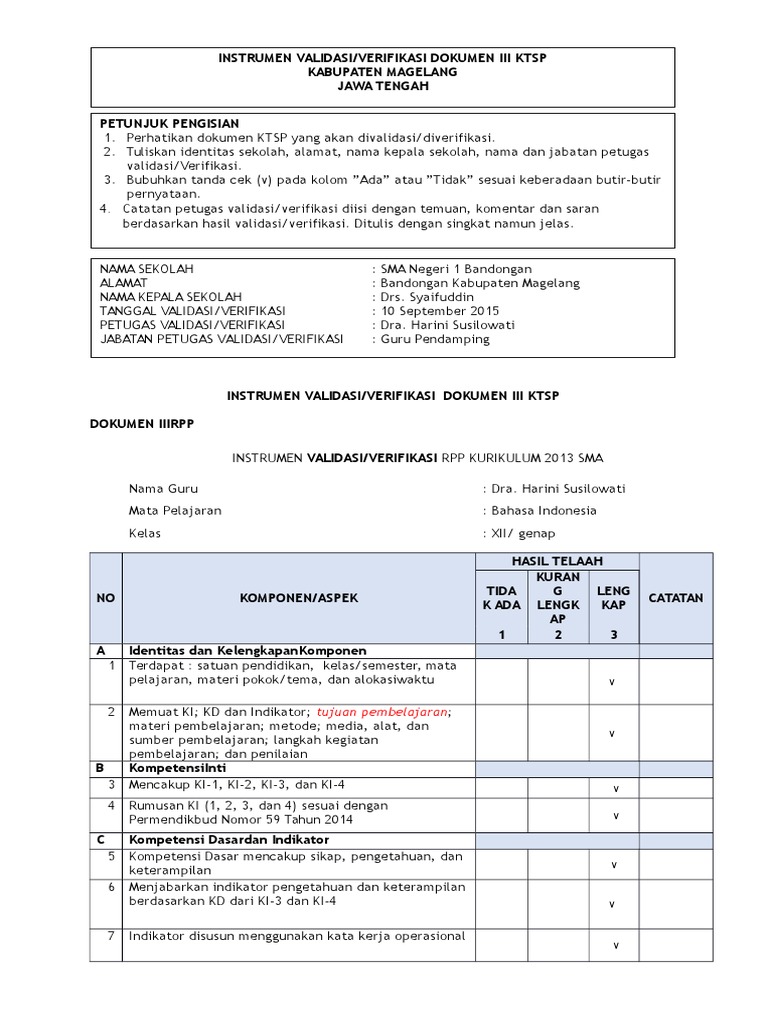 Inst. Validasi-Verifikasi RPP | PDF