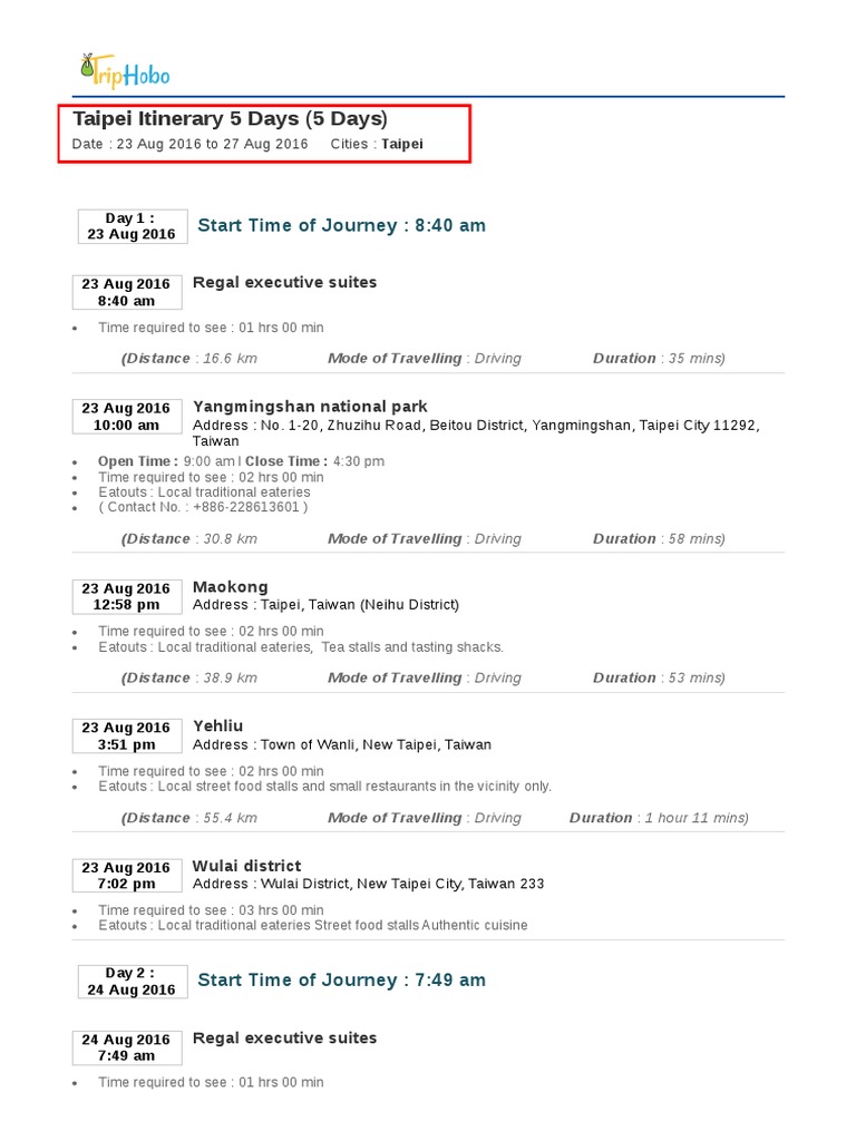 Taipei Itinerary 5 Days | PDF | Taipei | Taiwan