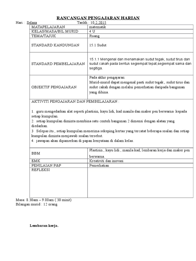 Contoh RPH Tahun 4 KSSR Ruang | PDF