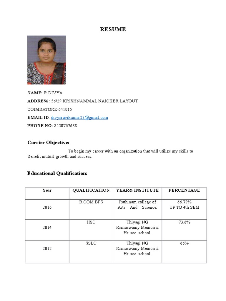 Divya Resume + Photo | PDF