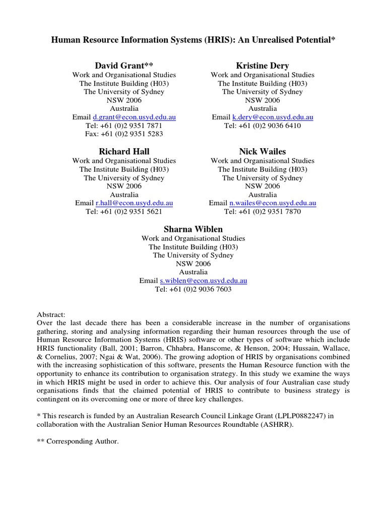 (Research Paper) Grant Et Al - Human Resource Information Systems (HRIS ...