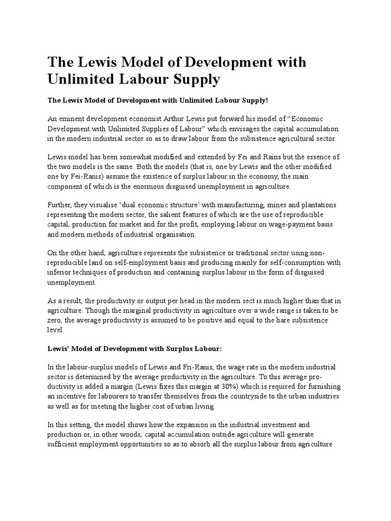 The Lewis Model of Development With Unlimited Labour Supply | PDF ...