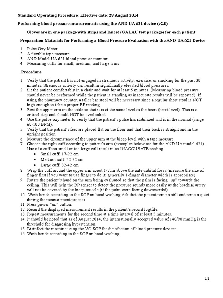 12 - SOP - Performing Blood Pressure Measurements Using The and UA 621 ...