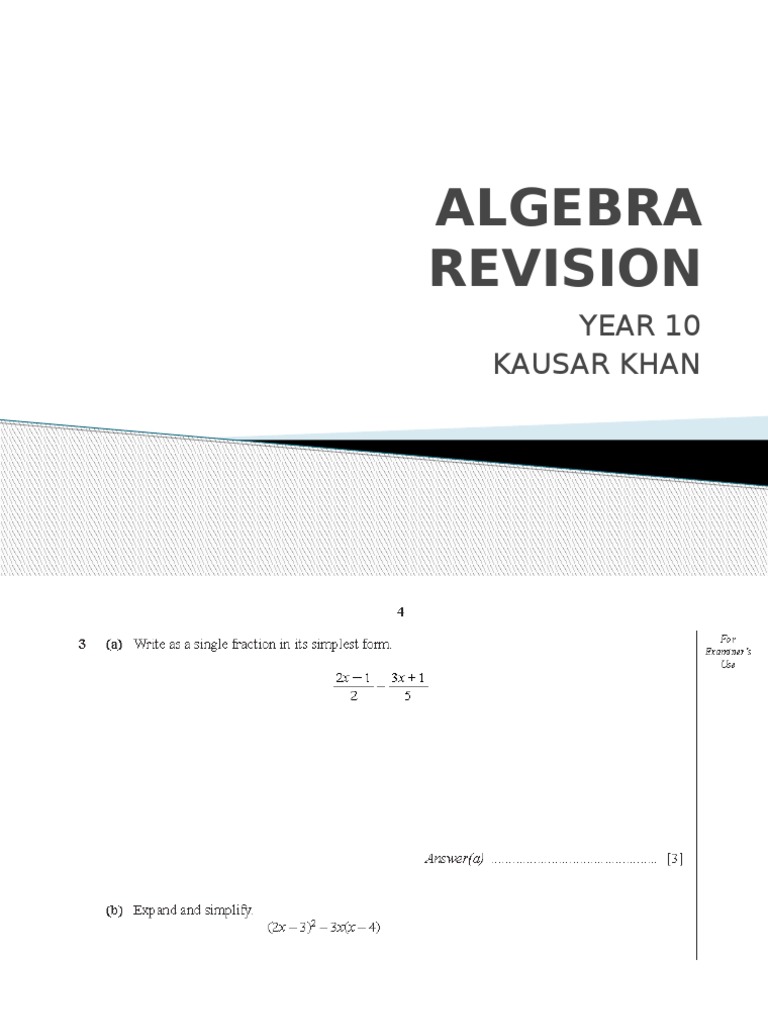 Algebra Revision: Year 10 Kausar Khan | PDF