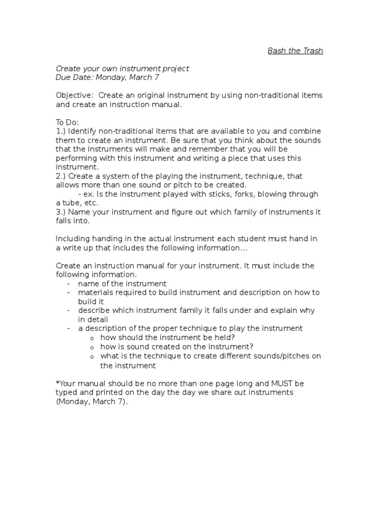 Bash The Trash Create Your Own Instrument Project Due Date: Monday ...