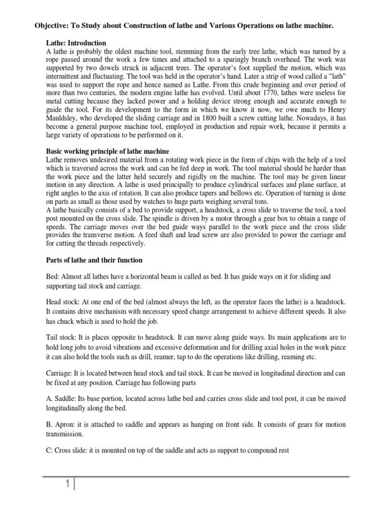 Objective: To Study About Construction of Lathe and Various Operations ...