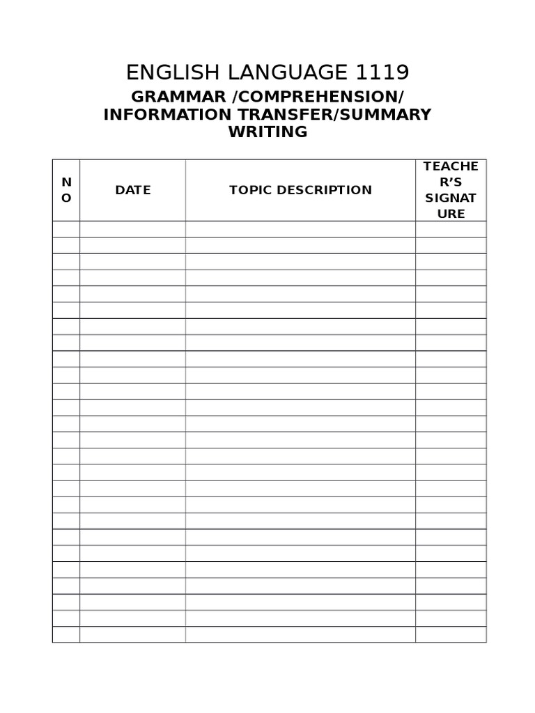 English Language 1119: Grammar /comprehension/ Information Transfer ...