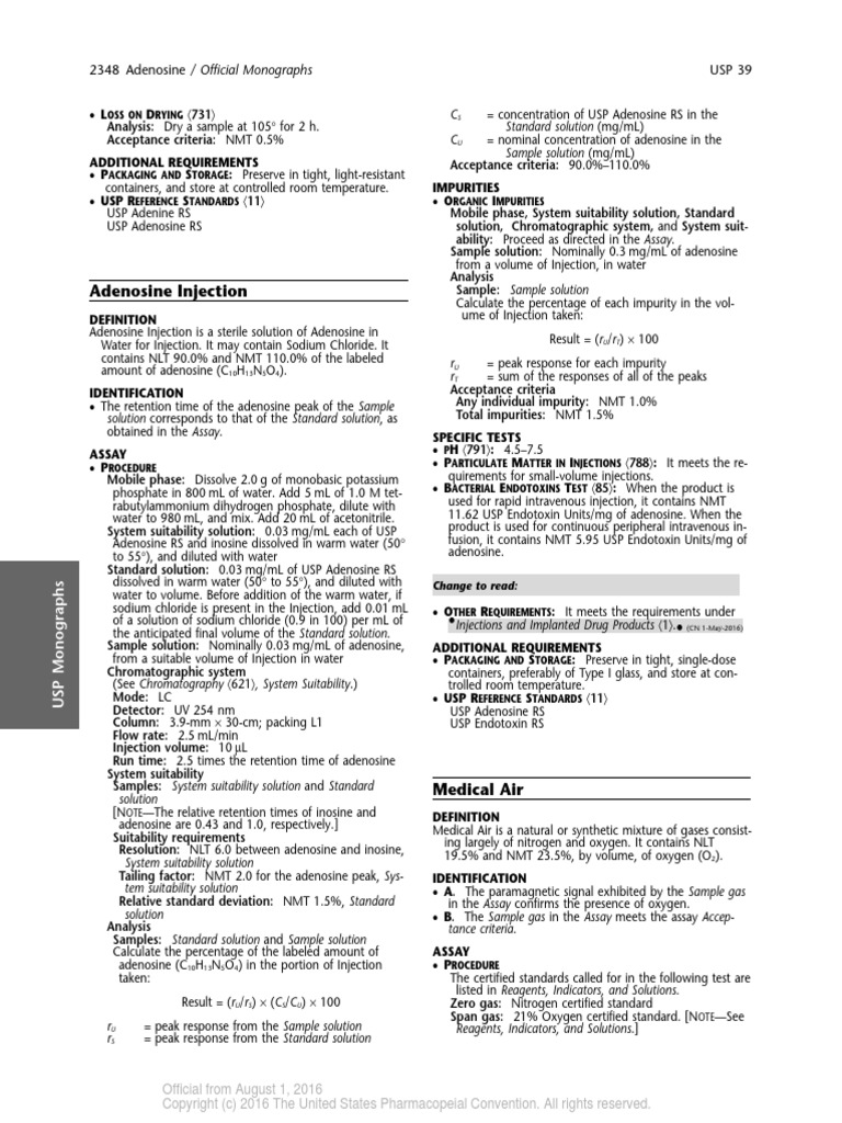 Adenosine Injection: 2348 Adenosine / Official Monographs USP 39 | PDF ...