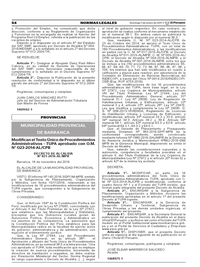 Modifican El Texto Único de Procedimientos Administrativos - TUPA | PDF ... Modifican El Texto Único de Procedimientos Administrativos - TUPA | PDF ...