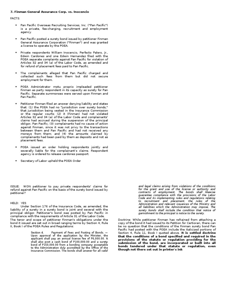 Finman General Assurance Corp Vs Inocencio | PDF | Surety Bond | Public Law Finman General Assurance Corp Vs Inocencio | PDF | Surety Bond | Public Law