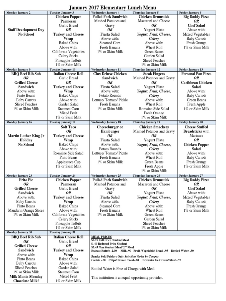 k-4 January Lunch Menu | Download Free PDF | Turkey Meat | Salad