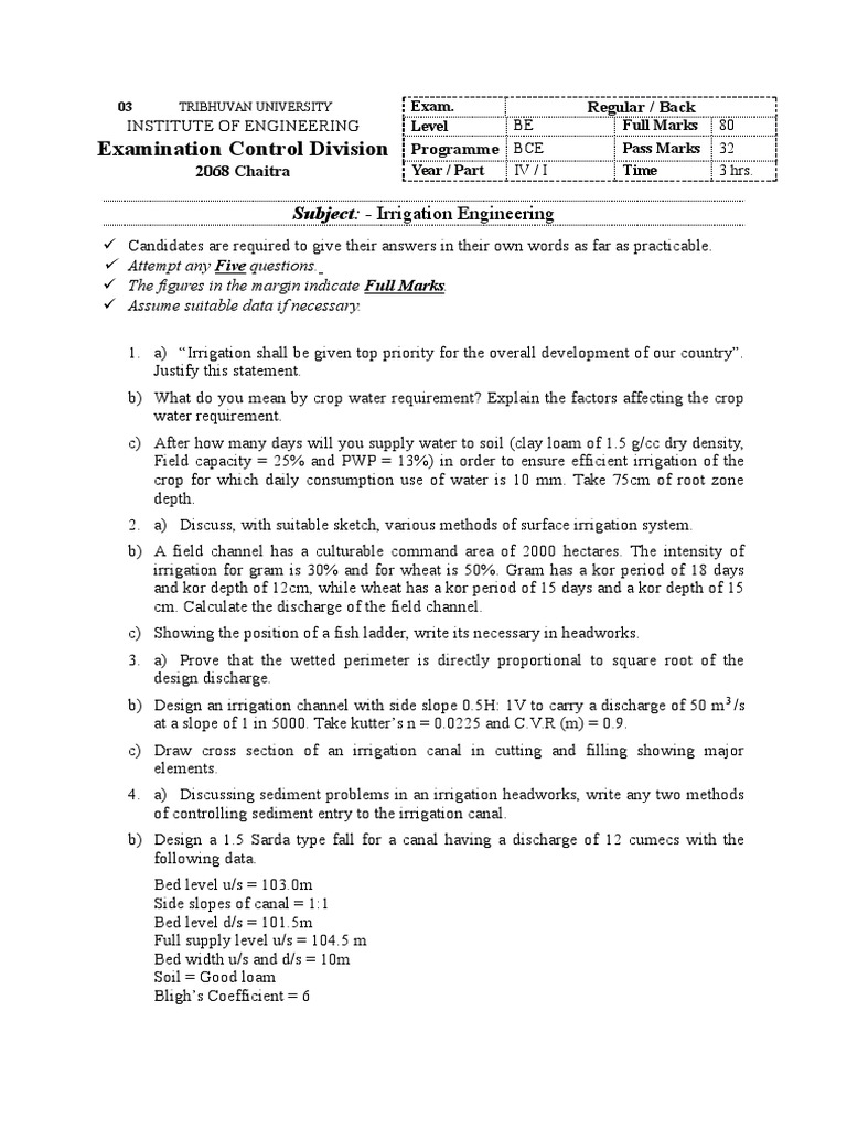 Examination Control Division: Subject: - Irrigation Engineering | PDF ...