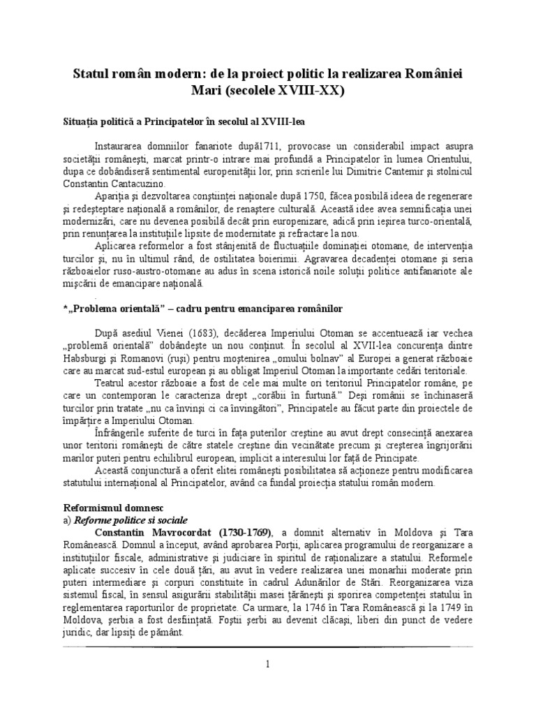 Sinteza Bacalaureat Statul Roman Modern de La Proiect Politic La ...
