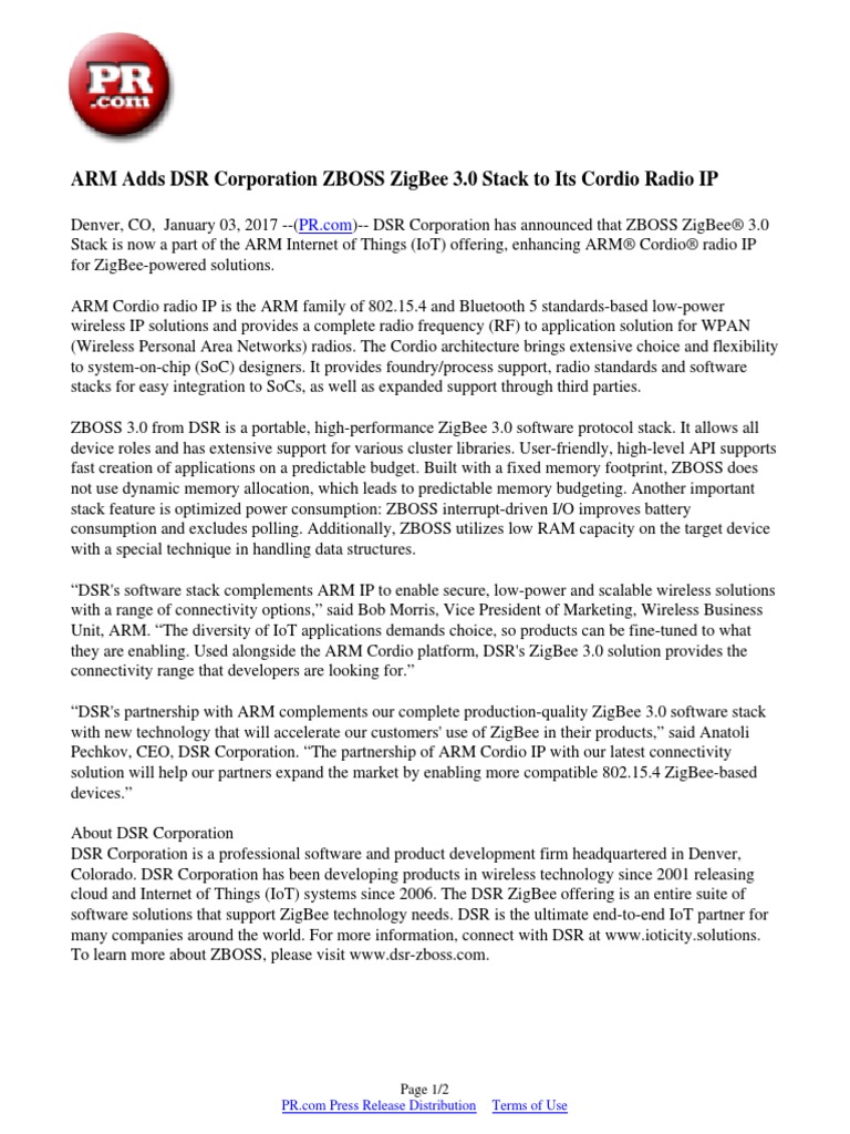 ARM Adds DSR Corporation ZBOSS ZigBee 3.0 Stack To Its Cordio Radio IP ...